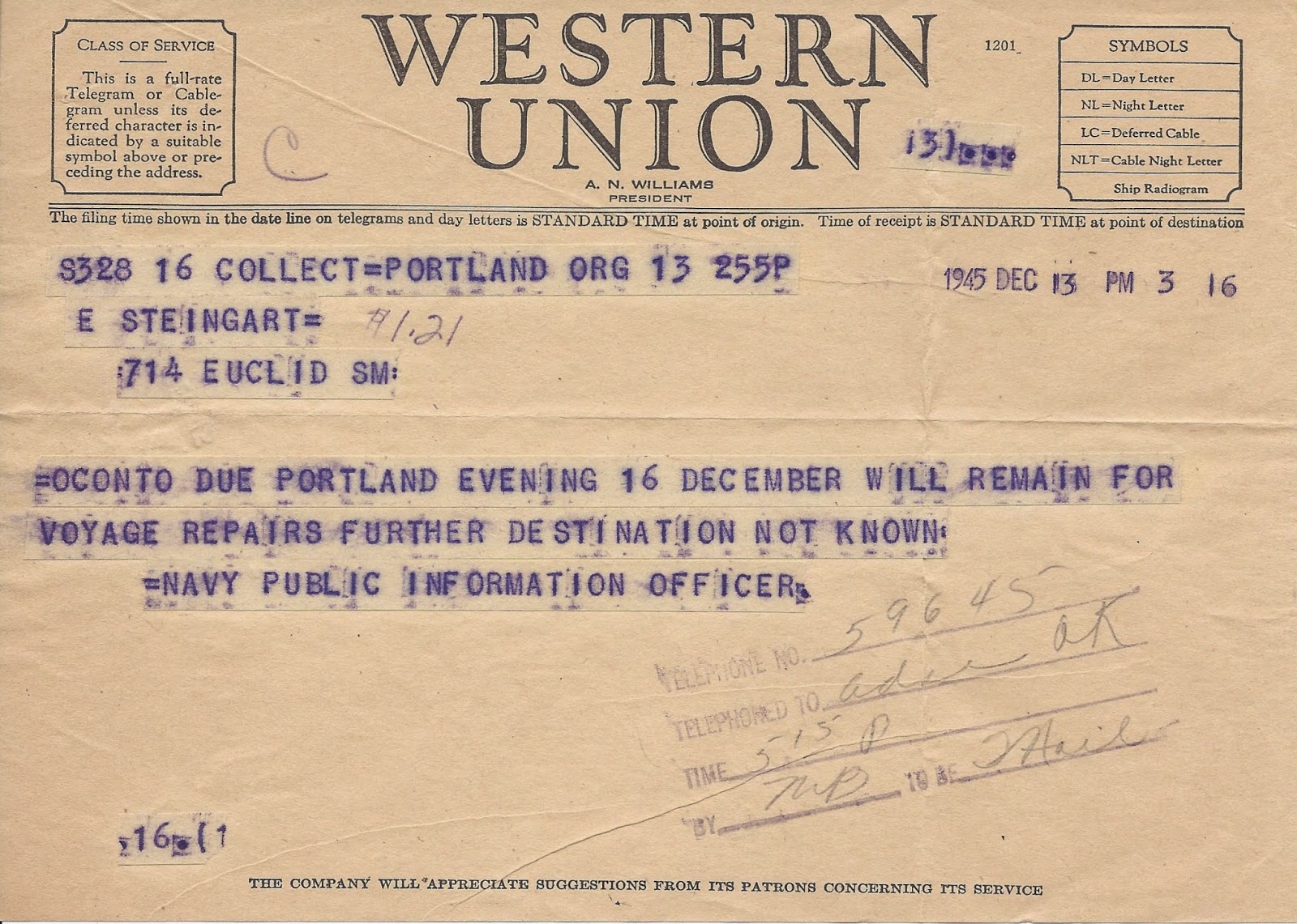 Dearest Eleanor: World War II Letters: Telegram from the Navy