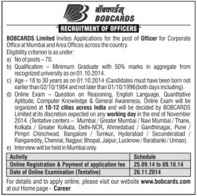 Bobcards Recruitment 2014 Apply Online (70 Officers)