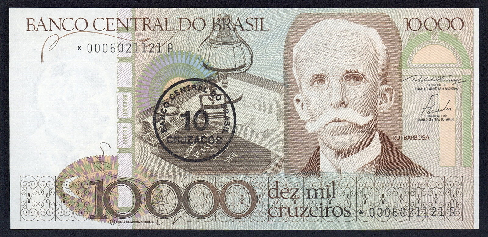 Brazil 10 Cruzados on 10000 Cruzeiros banknote 1986 Rui Barbosa|World ...