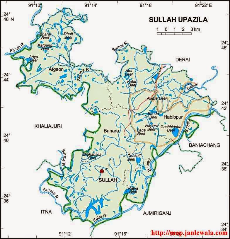 Sullah Upazila Map, Sunamganj District, Bangladesh