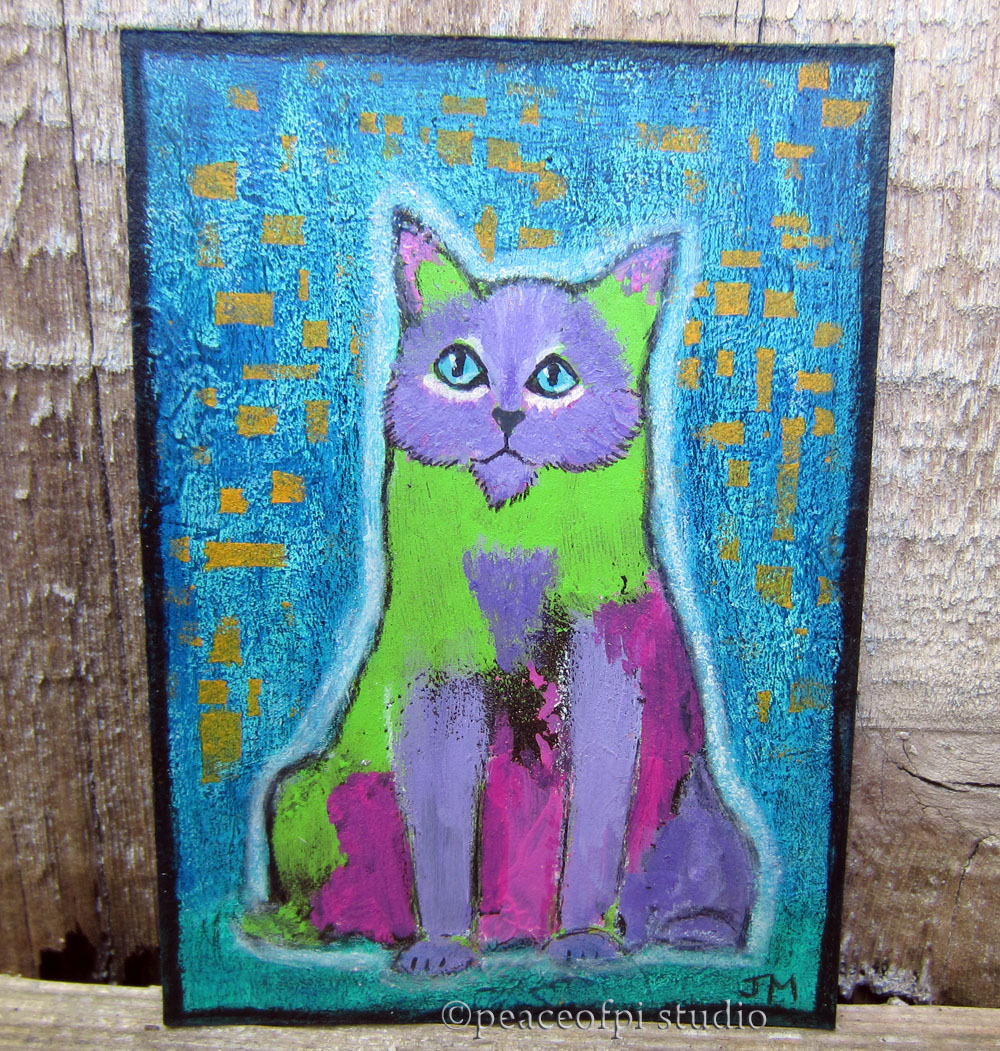 peaceofpi studio: Electric Cat Tiny Surreal ACEO Painting