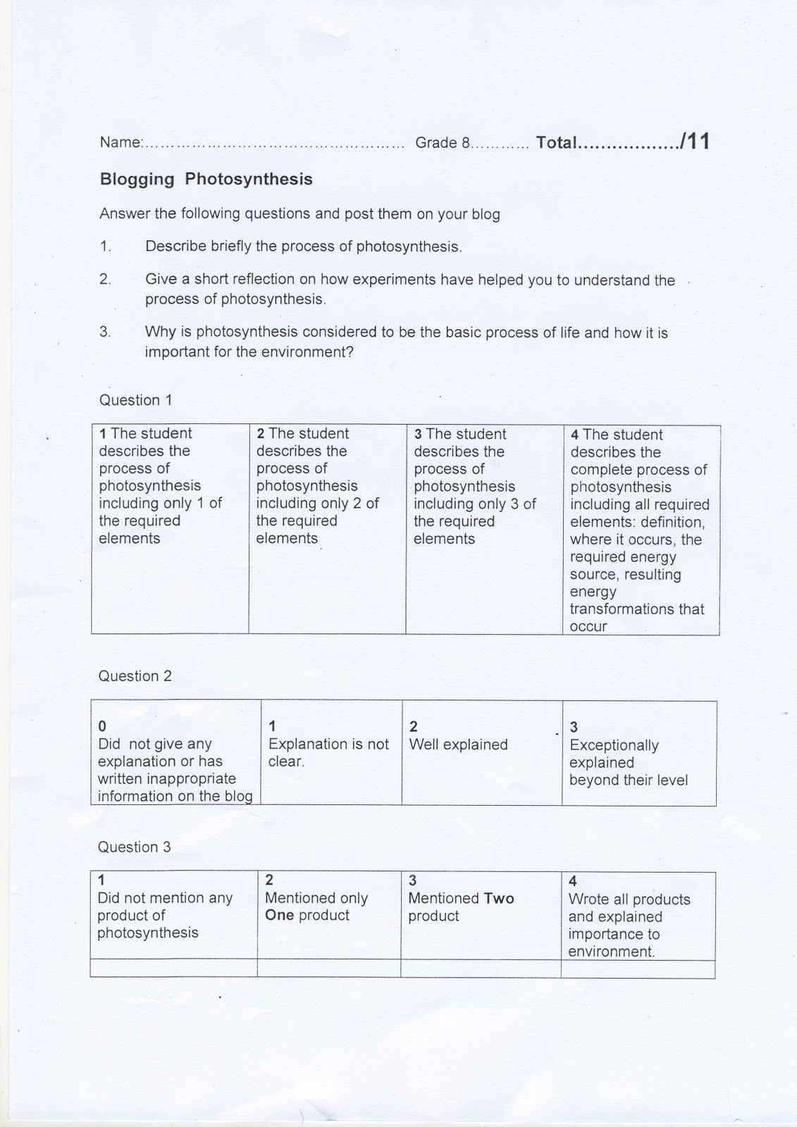 Photosynthesis: photosynthesis blog rubric