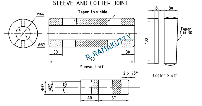 Machine Drawing: Sleeve and cotter joint & Socket and spigot joint