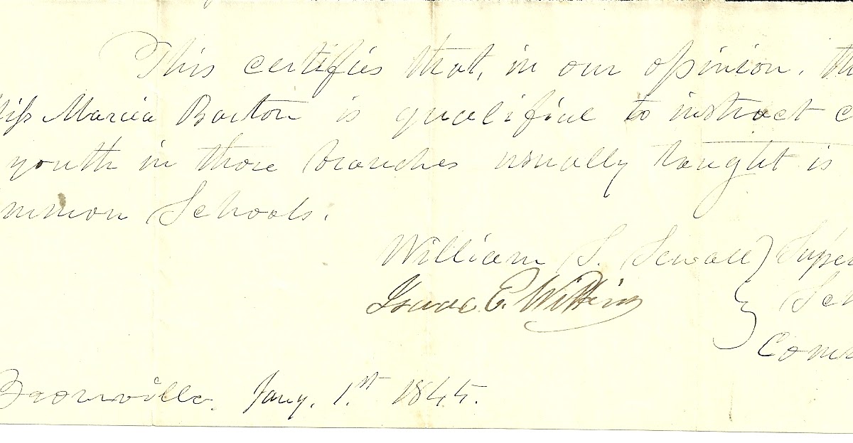 Heirlooms Reunited: 1845 document certifying Marcia Barton as qualified ...