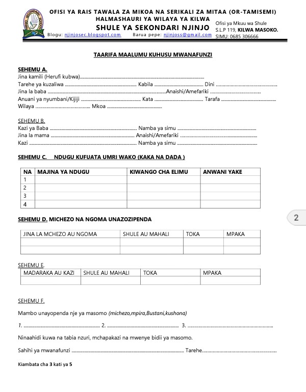 Njinjo Secondary School: Fomu za kujiunga (Joining instruction) Kidato ...