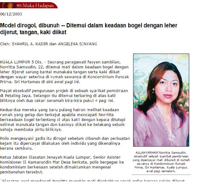 THE DEVOURED SAVIOUR: 12 TAHUN SELEPAS PEMBUNUHAN NORITTA SAMSUDDIN ...