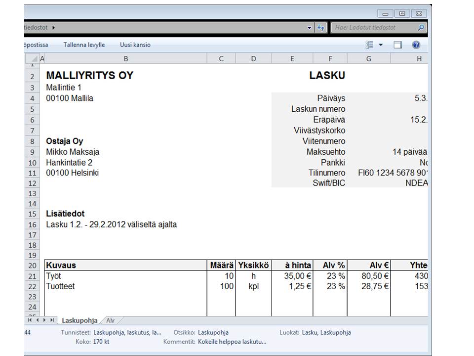 Talouspalvelujen taulukkolaskenta: Laskulomakepohja