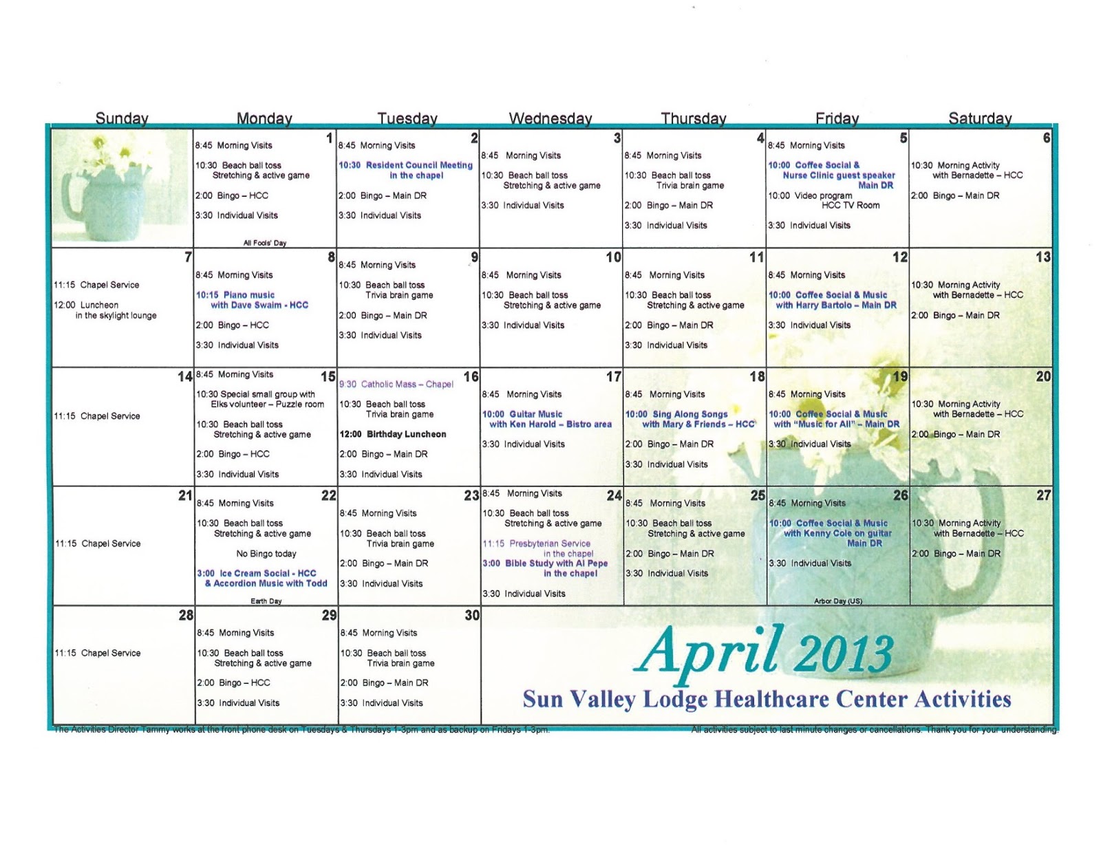 Retirement & Life Care Journal: April 2013 HCC Activity Calendar