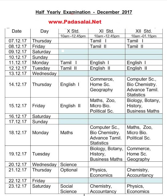 10th,11th,12th - Half yearly Exam 2017 - Time Table ( single page ...