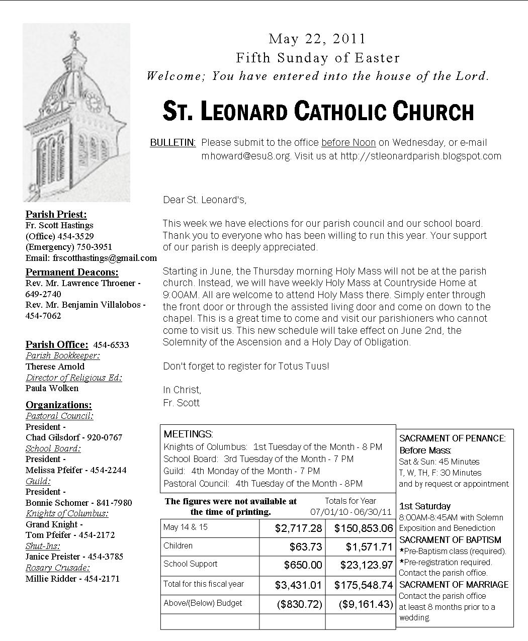 St. Leonard Catholic Church: Sunday Bulletin - May 22nd (Bulletin ...