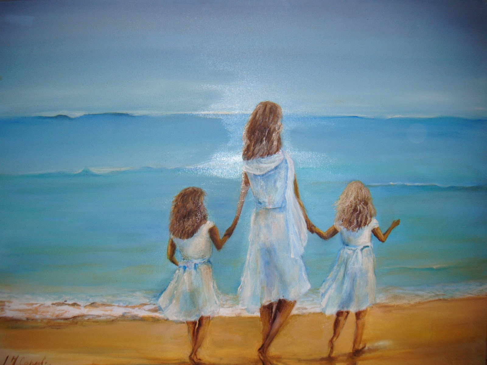 Pinturas de Leandra: Familia mirando el mar, mamà y niñas