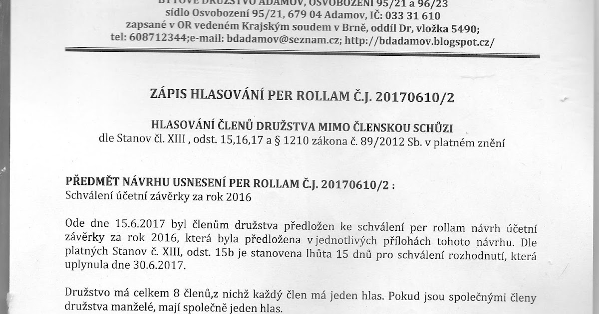 Bytové družstvo Adamov: Zápis hlasování per rollam č. j. 20170610/2