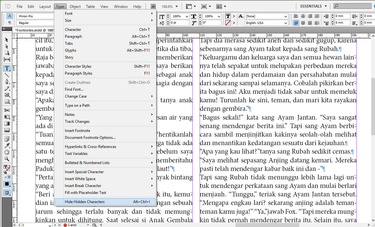 Hidden Character Pada inDesign