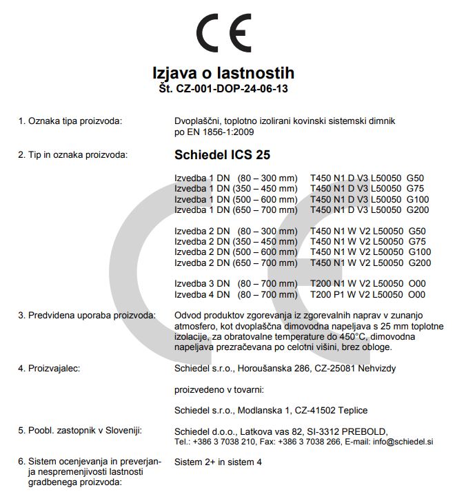 Izjava o skladnosti ali lastnostih dimnika