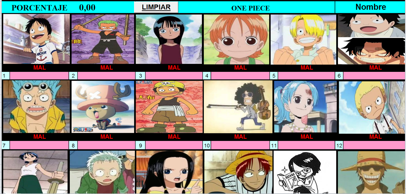 JUEGO EXCEL DE ONE PIECE / ワンピース/ANIME