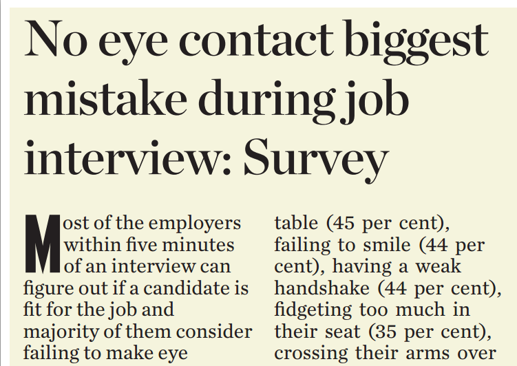 No eye contact biggest mistake during job interview: Survey ...