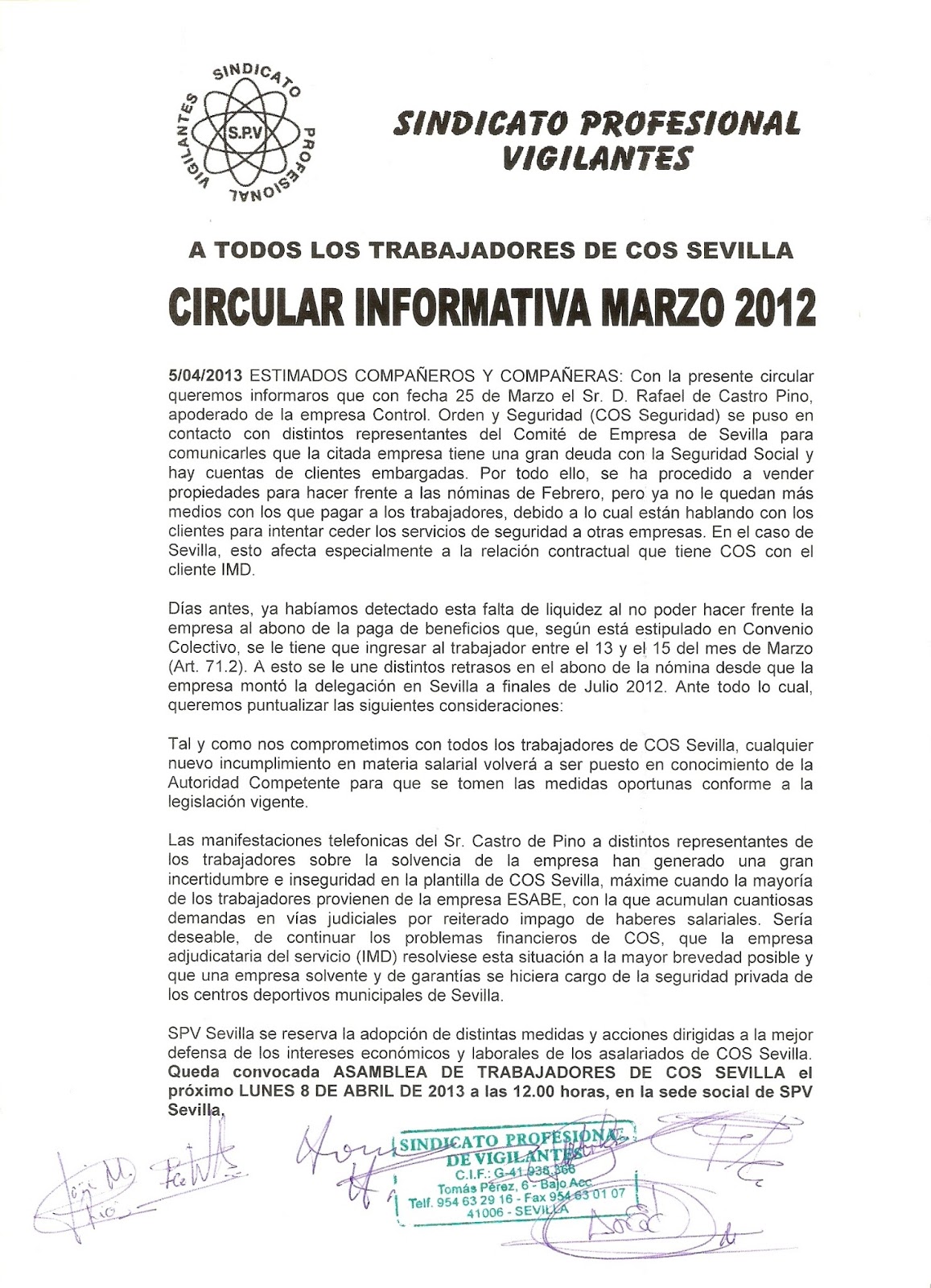 Sindicato profesional de Vigilantes Sevilla: Circular Informativa SPV a ...