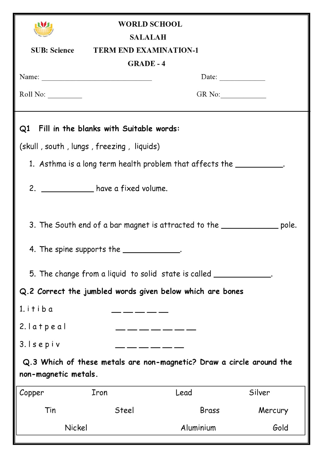 Birla World School Oman: Homework for Grade 4 as on 27-12-2018