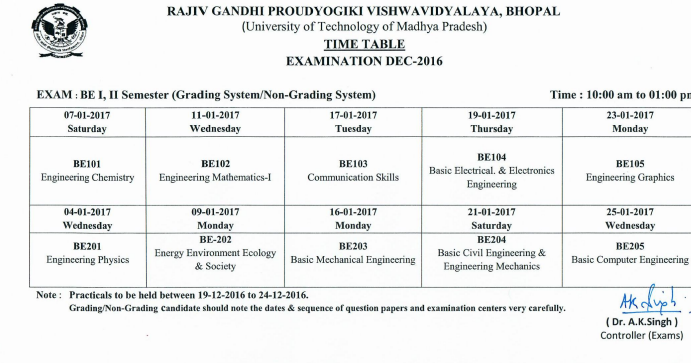 RGPV B.E 2nd Semester (Non-Grading System) Examination Time Table 2017 | RGPV Examination Time Table