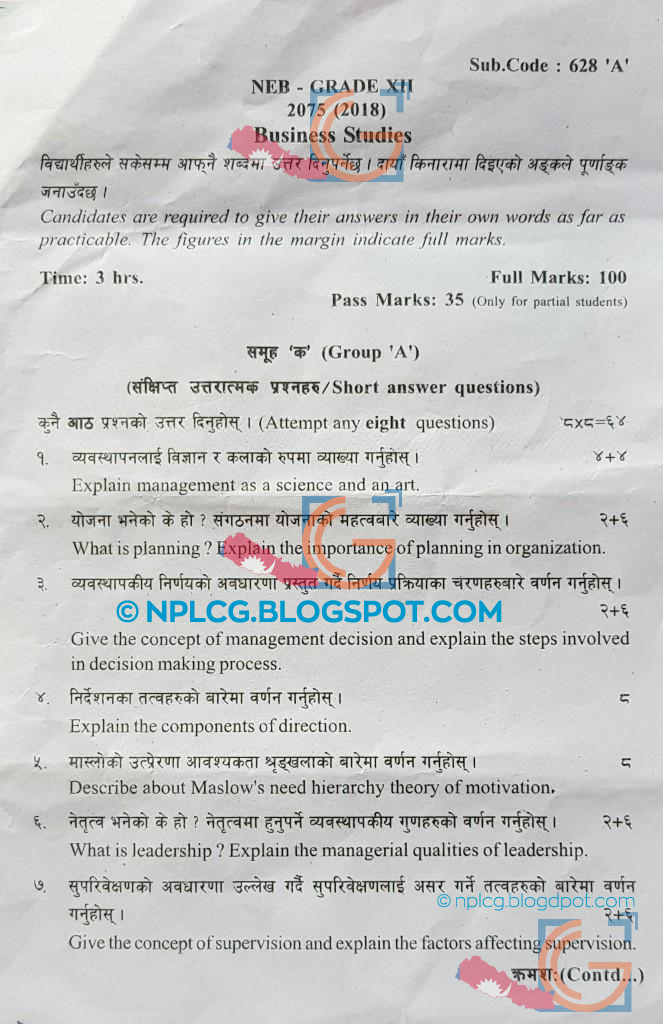 Business Studies | Grade 12 | Question Paper 2075 [2018] | National ...