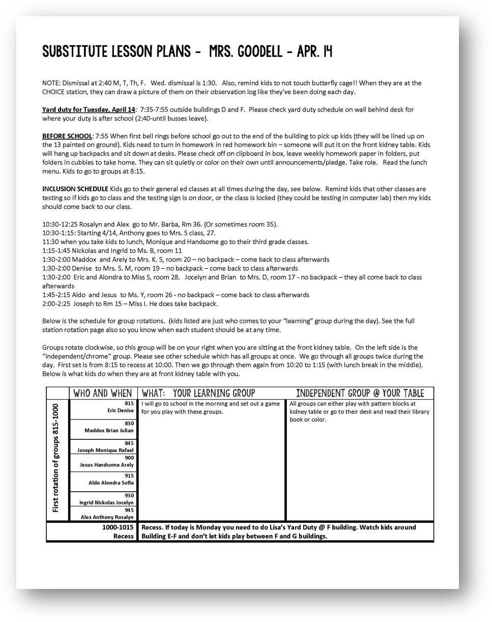 Plan for a Substitute Teacher - Lisa Goodell