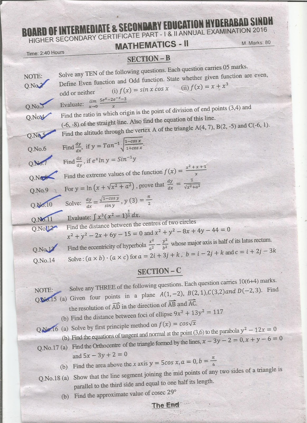 2nd Year Math 2016 - BISEH PAST PAPERS