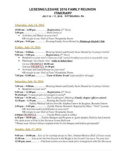 Lesesne/Lesane Kinfolk News: Reunion Itinerary/ updated 7/8/16