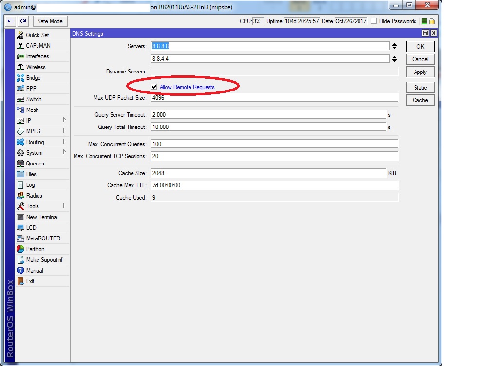 Poznámky nejen z IT: MikroTik DNS - Allow Remote Request