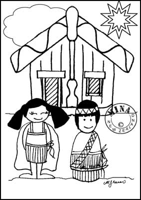 Maori Printables: Kids and Marae Colouring Page