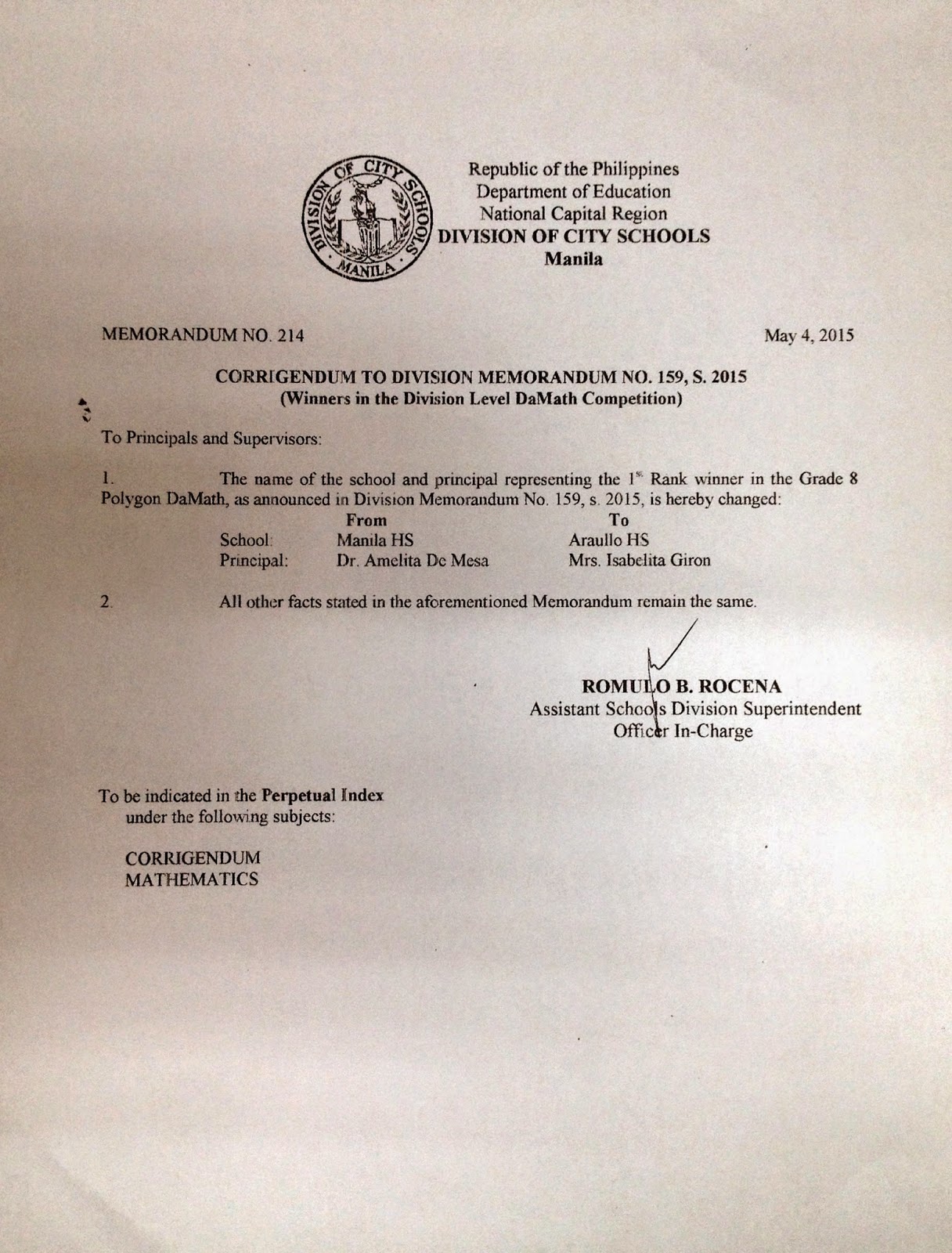 Department of Education Manila: Division Memorandum No. 214 ...