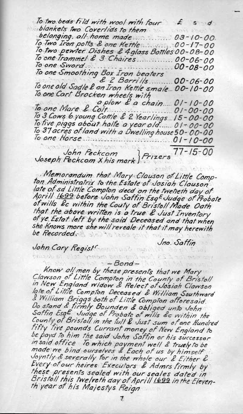 The Josiah Closson Family of New England by William G. Closson