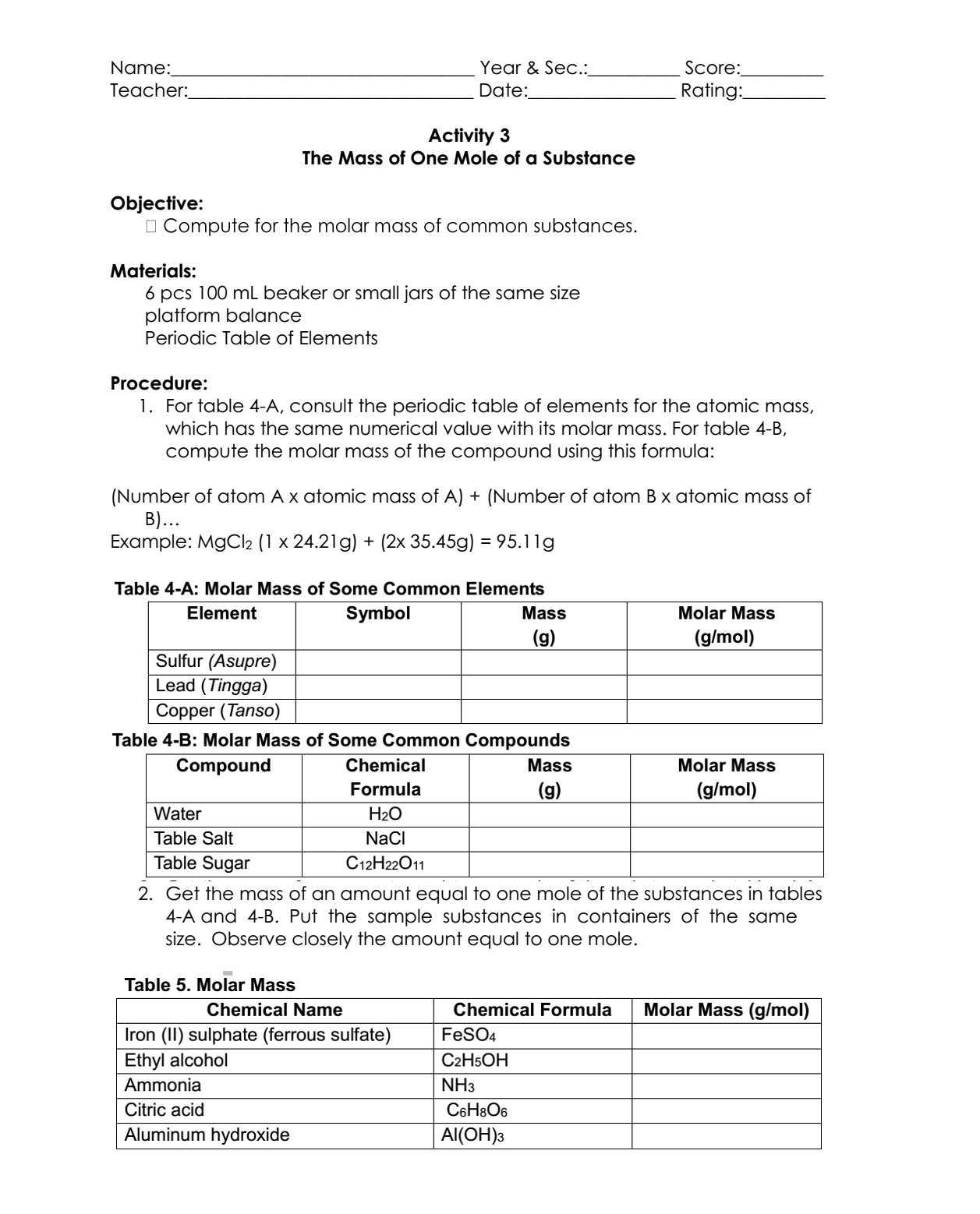 Science Concepts and Questions (K to 12): Mole Concept Activities