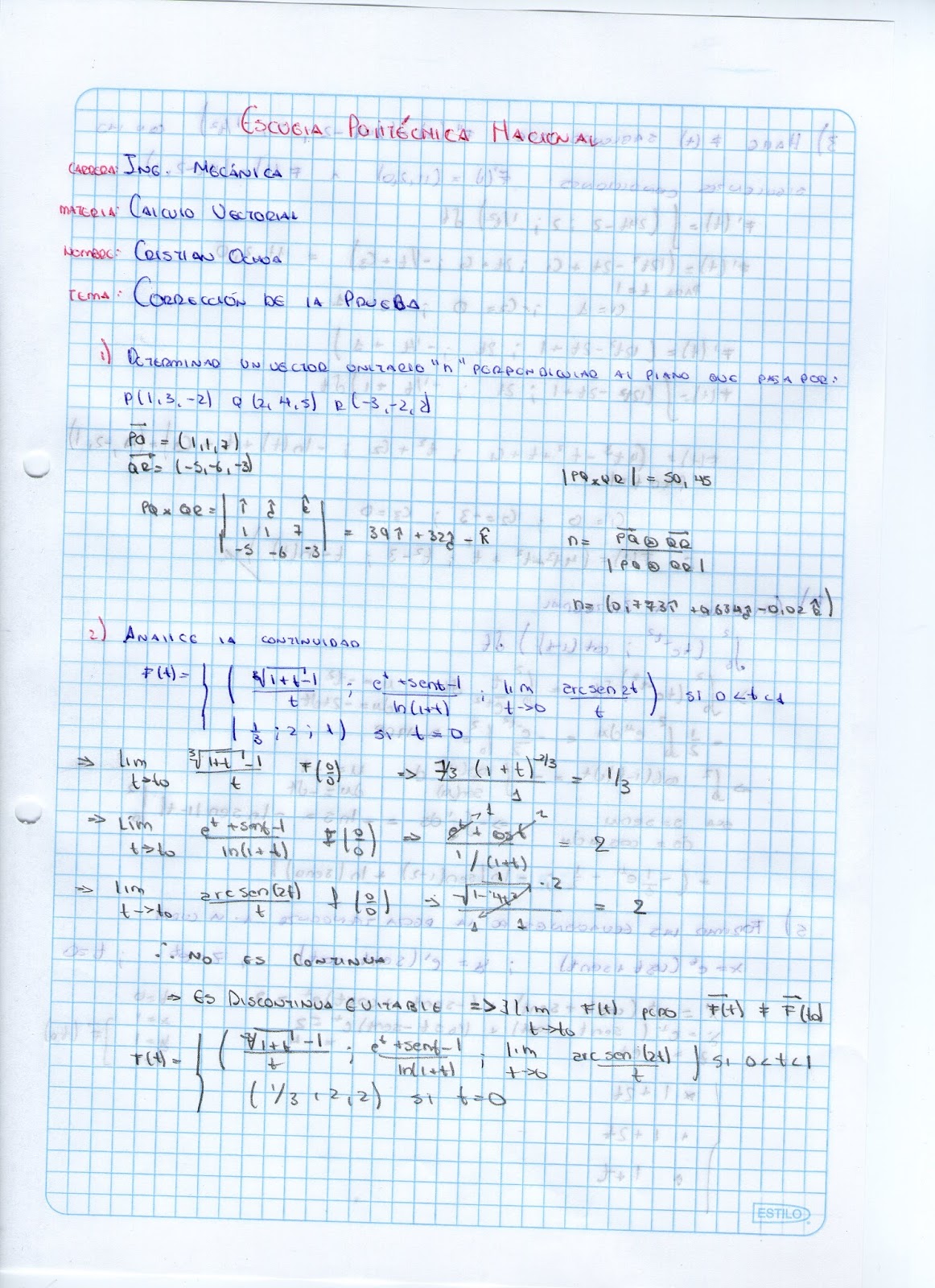 CÁLCULO VECTORIAL: Correccion de la prueba CÁLCULO VECTORIAL: Correccion de la prueba