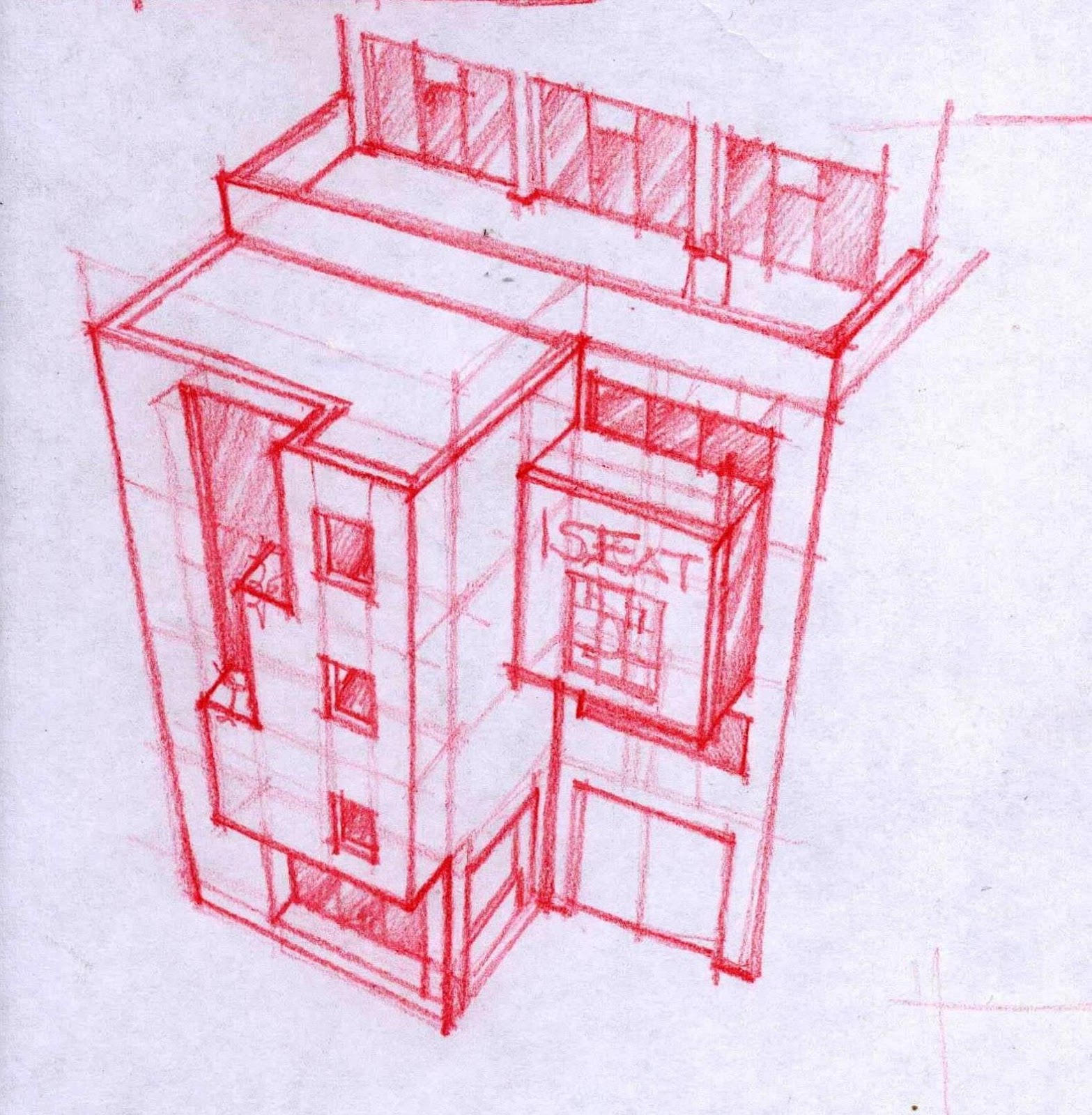 Croquis edificio de oficinas; lapiz bicolor rojo