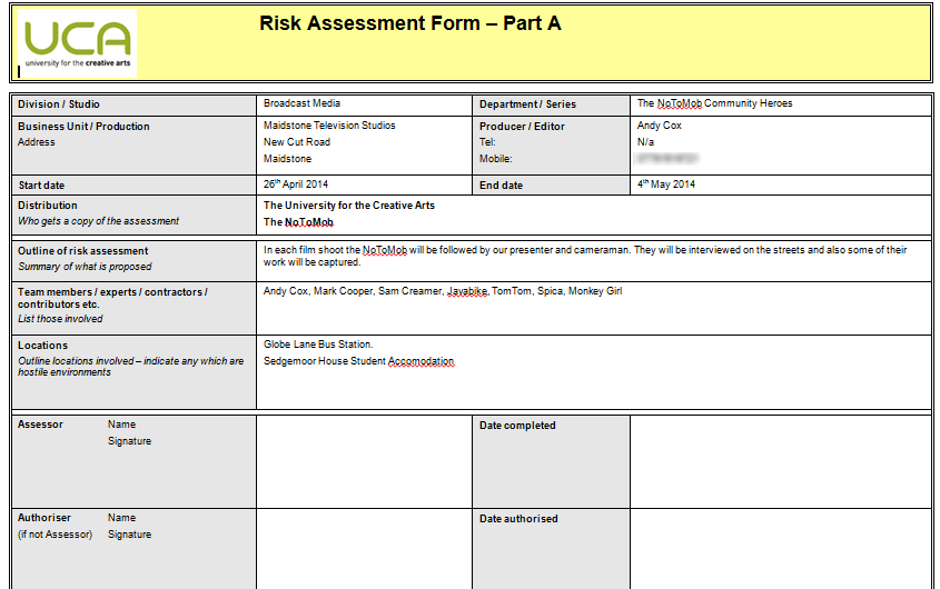 Mark's Media Blog: Commission Unit- Risk Assessment Forms and Shooting ...