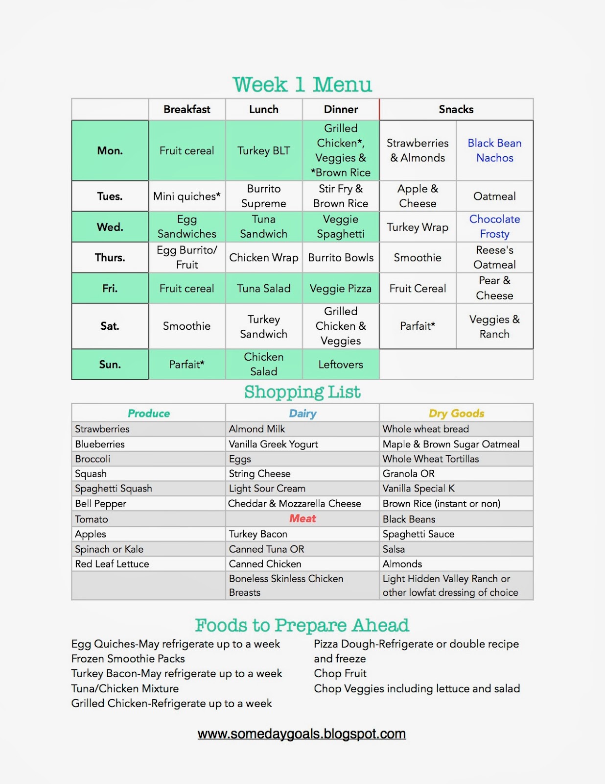 Someday Goals: Week 1 Menu
