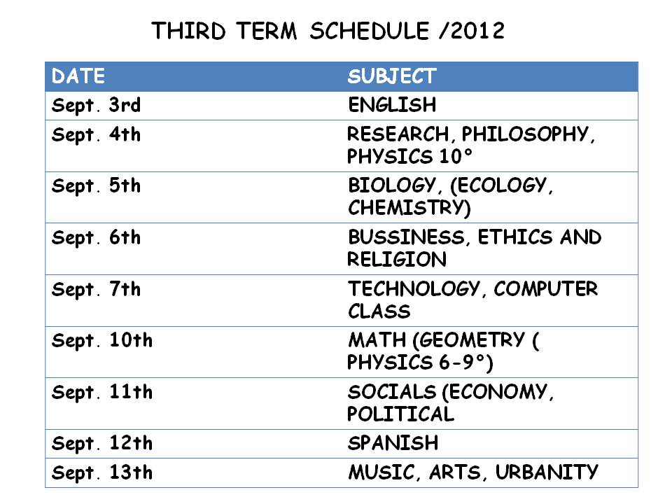 Second Grade B: THIRD TERM SCHEDULE