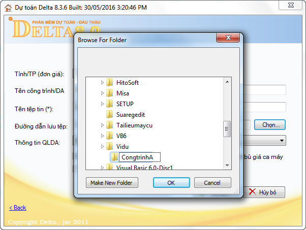 Phần mềm dự toán Delta: Tệp tin - Tạo công trình mới