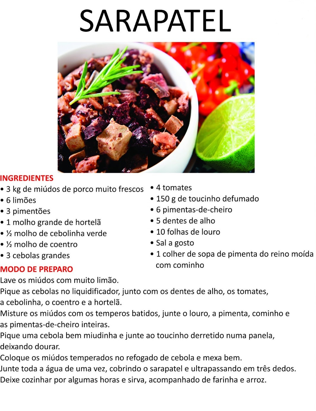 CANTINHO DAS RECEITAS: * SARAPATEL