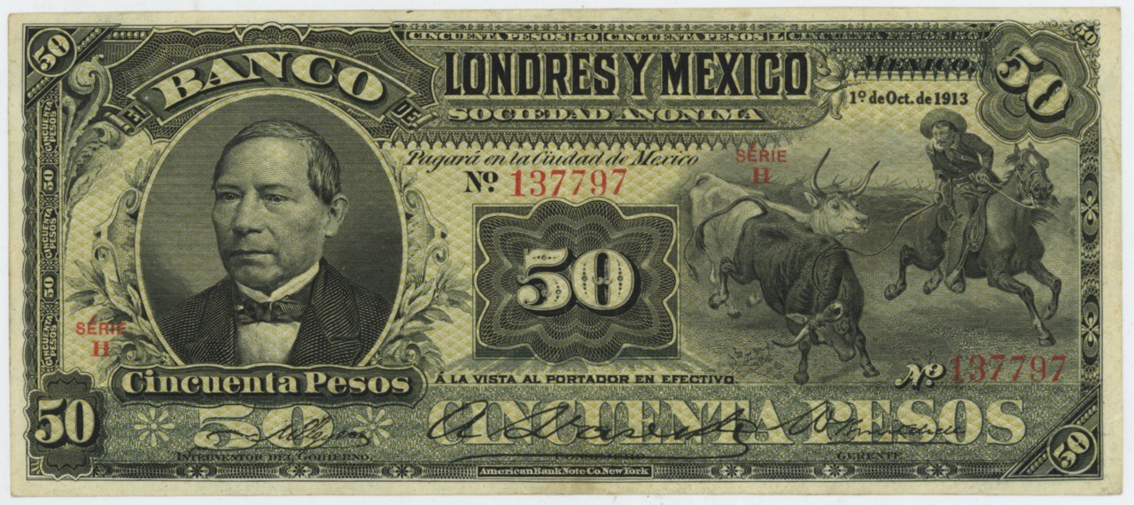 Mexican banknotes 50 Pesos banknote, el Banco de Londres y Mexico.