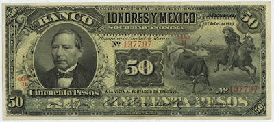 Mexican banknotes 50 Pesos banknote, el Banco de Londres y Mexico.