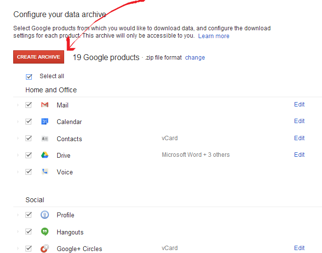 Download Google Data-Configure Data Archive