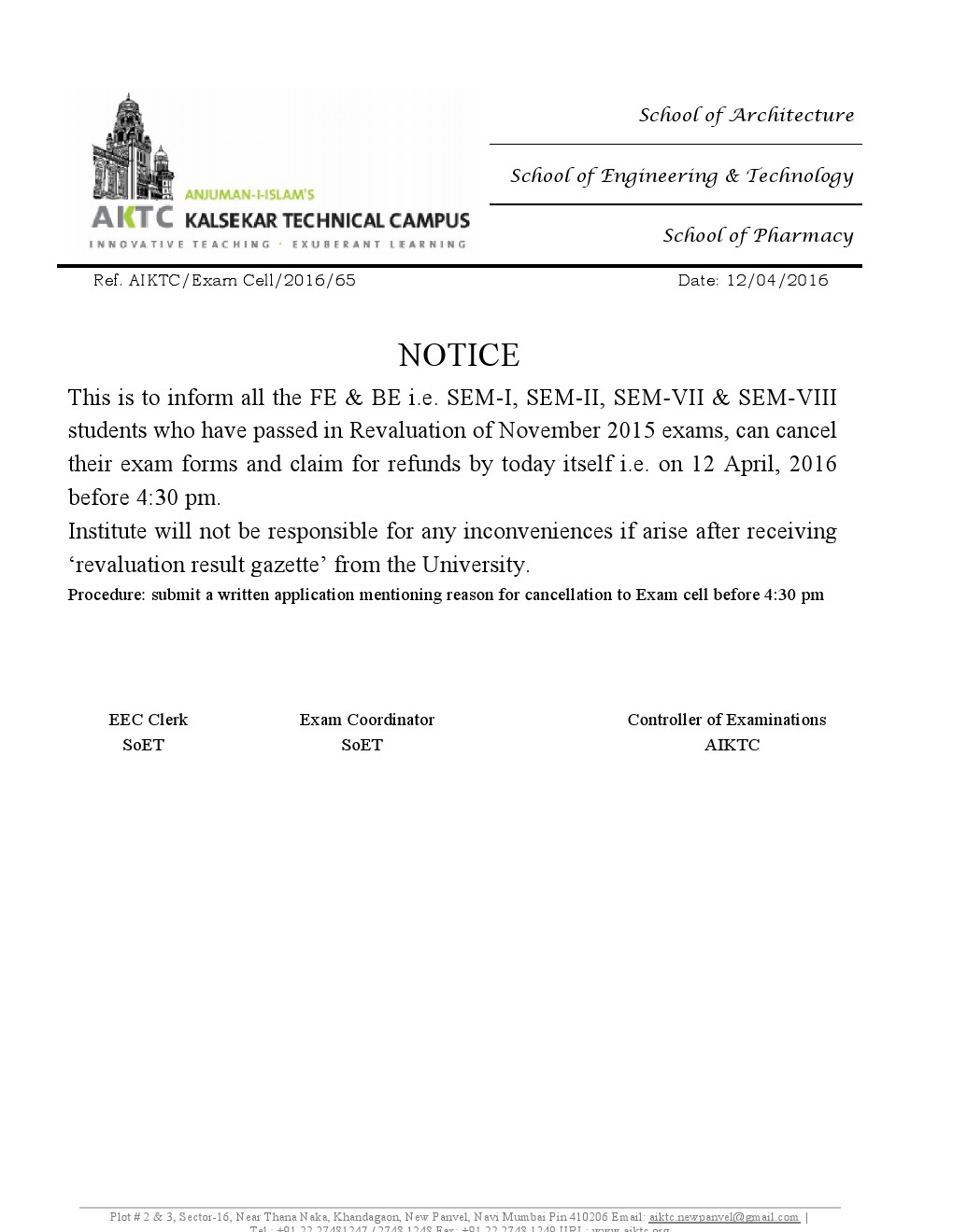 EXAM-CELL NOTICE BOARD: April 2016