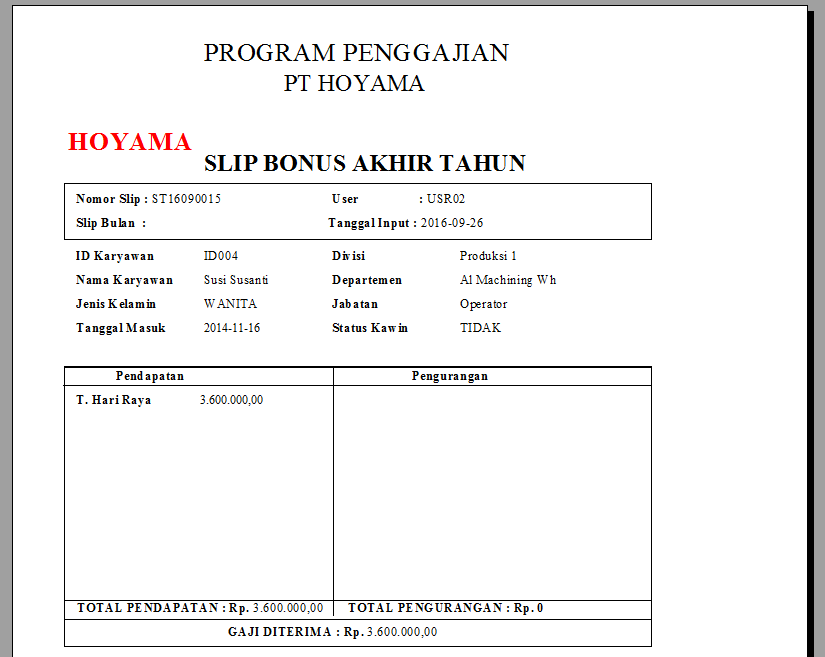 Contoh Laporan Penghitungan THR dengan Crystal report