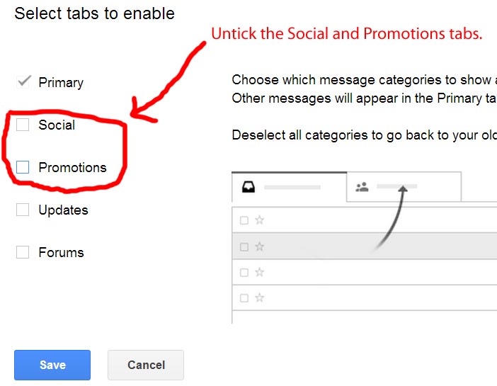 Disable Primary, Social and Promotions Tabs in Gmail