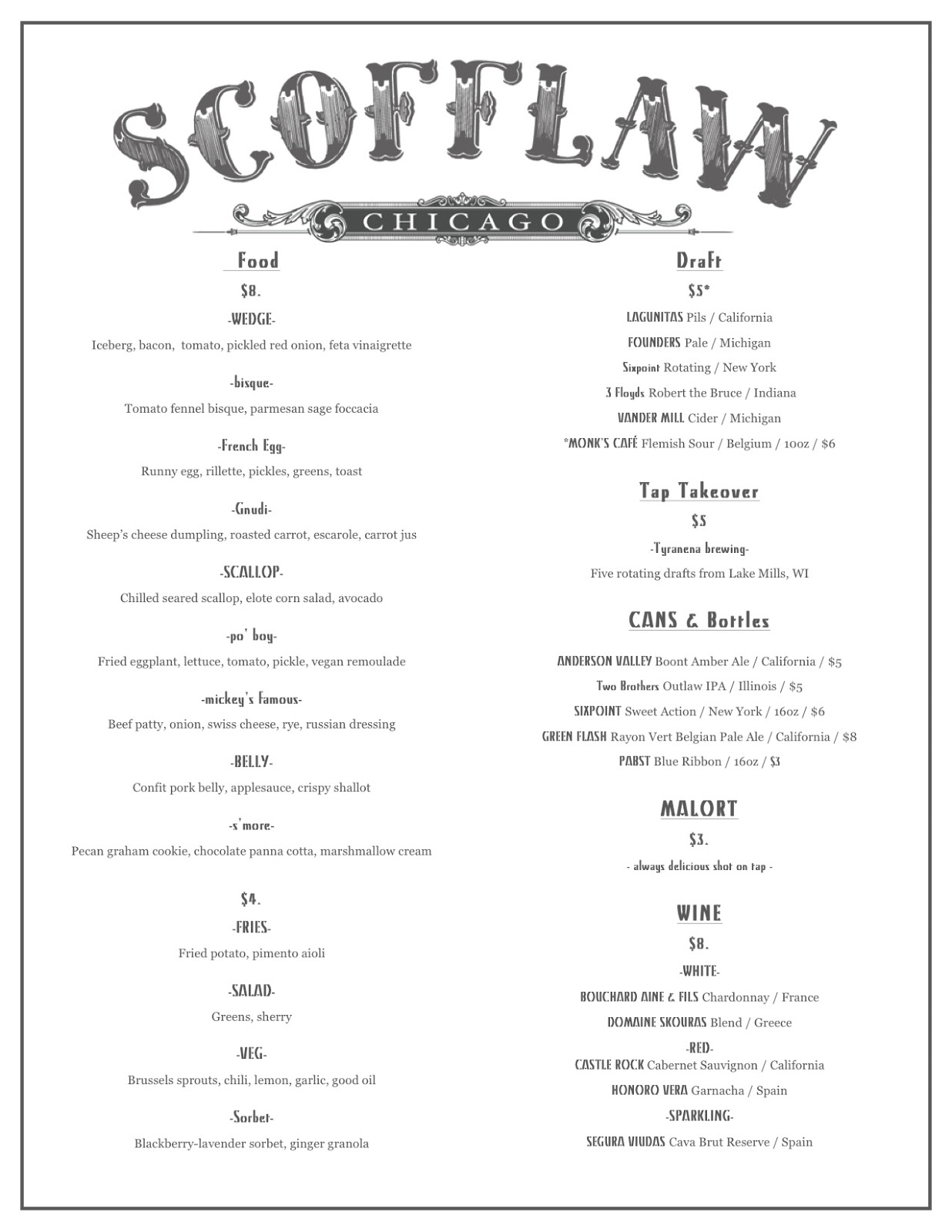 Scofflaw: New Menus at Scofflaw!