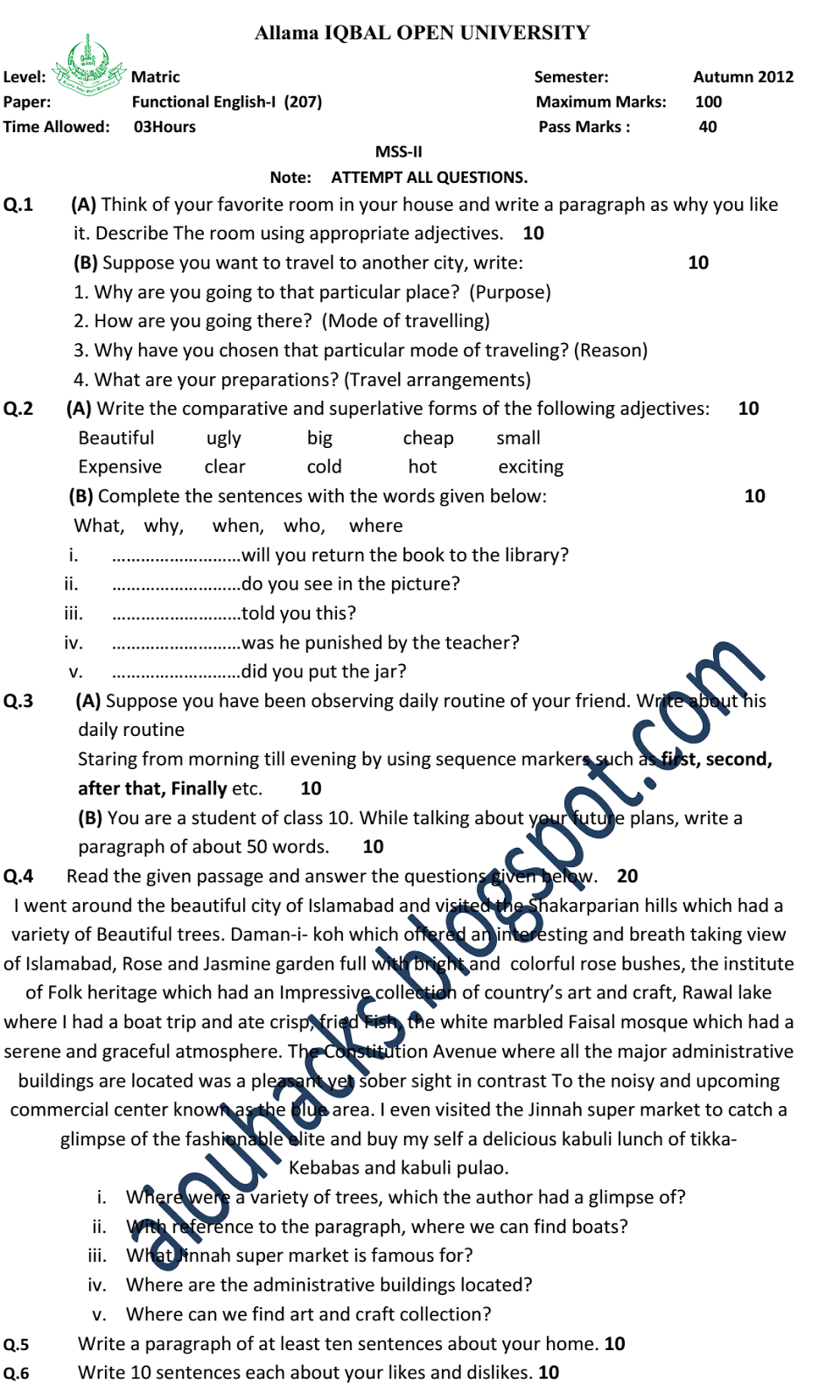 Matric Past Paper Functional English-I(207) 2012Autumn