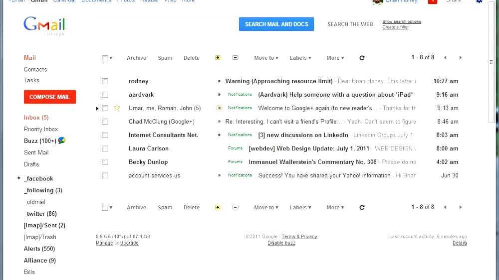 Gmail interface