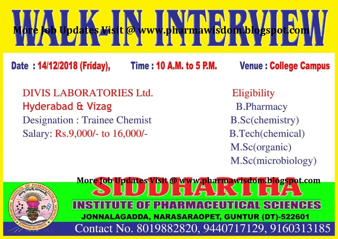 Divis Labs - Walk-In Interview for B.Pharm, B.Sc, M.Sc & B.Tech ...