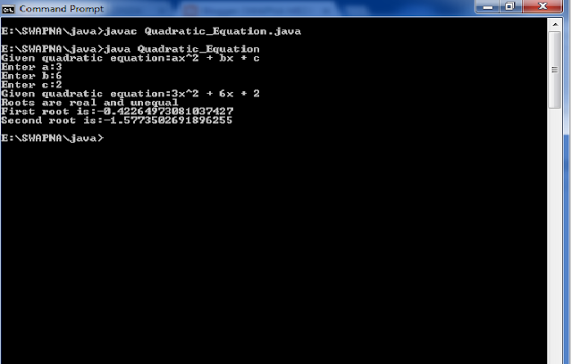 SWAPNA MEDIKONDA: Write a JAVA program that displays the roots of a quadratic equation ax2+bx+c ...